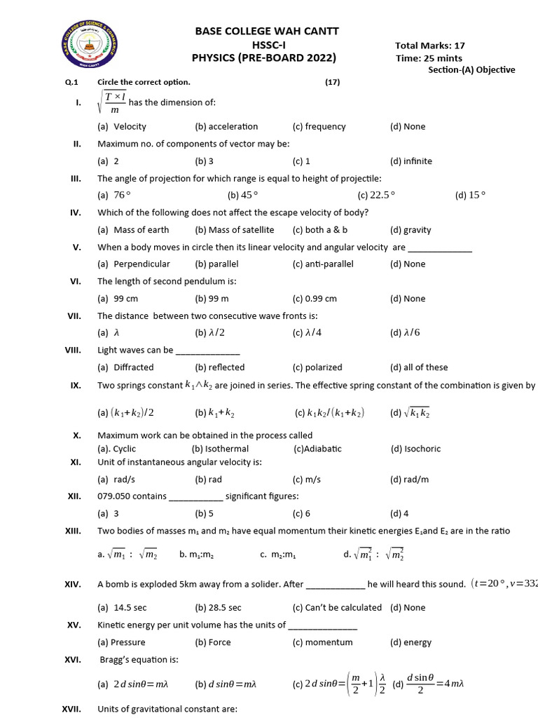 1st Year Physics Pre Board | PDF | Force | Waves