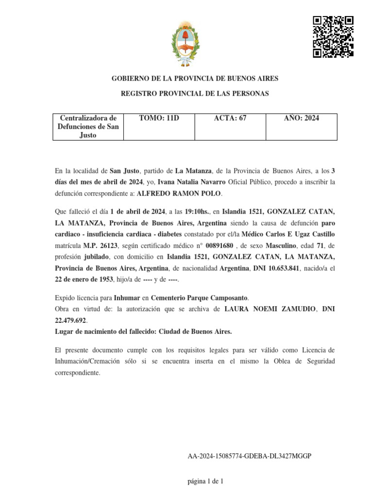 Centralizadora de Defunciones de San Justo TOMO: 11D ACTA: 67 AÑO: 2024 ...