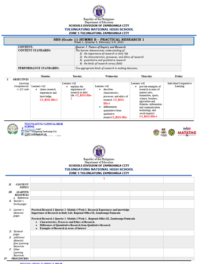 Daily Lesson Log - Plan - PR1 | PDF | Learning | Experience
