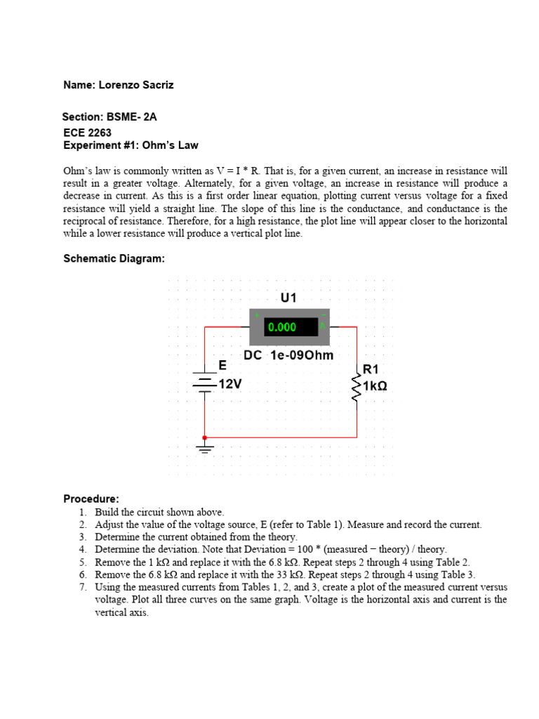 EL1 01 B Ohms Law | PDF | Electrical Resistance And Conductance | Electrical Network