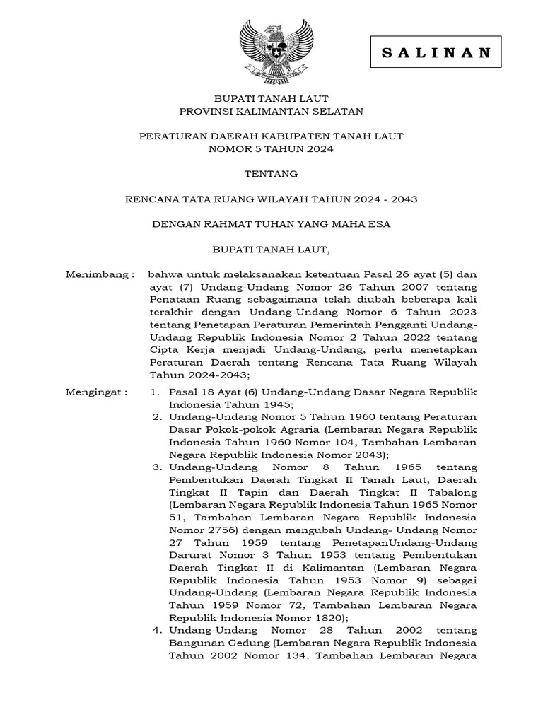Perda RTRW Kabupaten Tanah Laut 2024 - 2043 | PDF