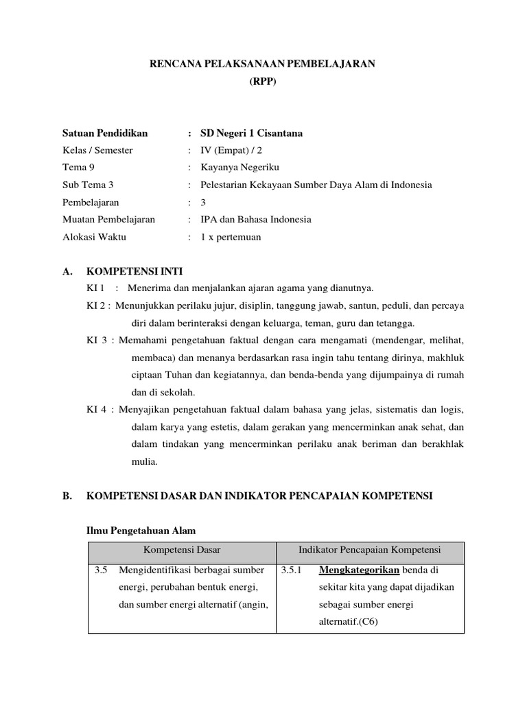 RPP Tema 9 Kelas 4 SD | PDF
