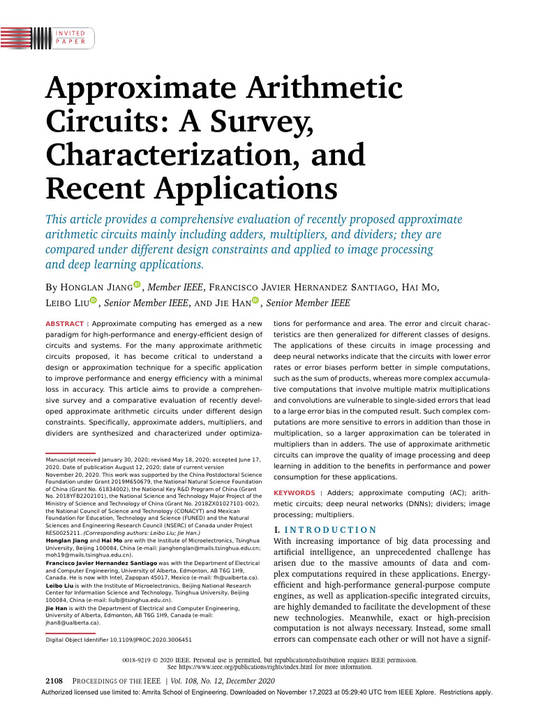 Approximate Arithmetic Circuits A Survey Characterization And Recent Applications Pdf Deep