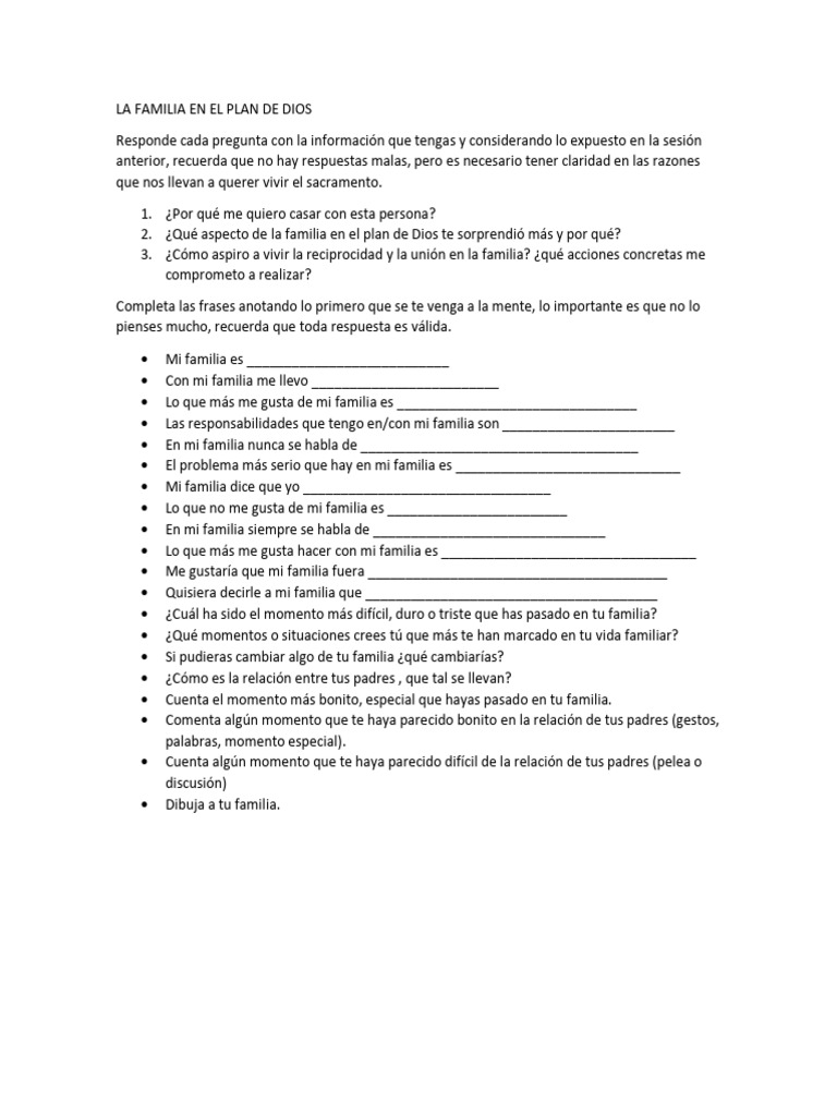 LA FAMILIA EN EL PLAN DE DIOS - Hoja de Trabajo | PDF LA FAMILIA EN EL PLAN DE DIOS - Hoja de Trabajo | PDF