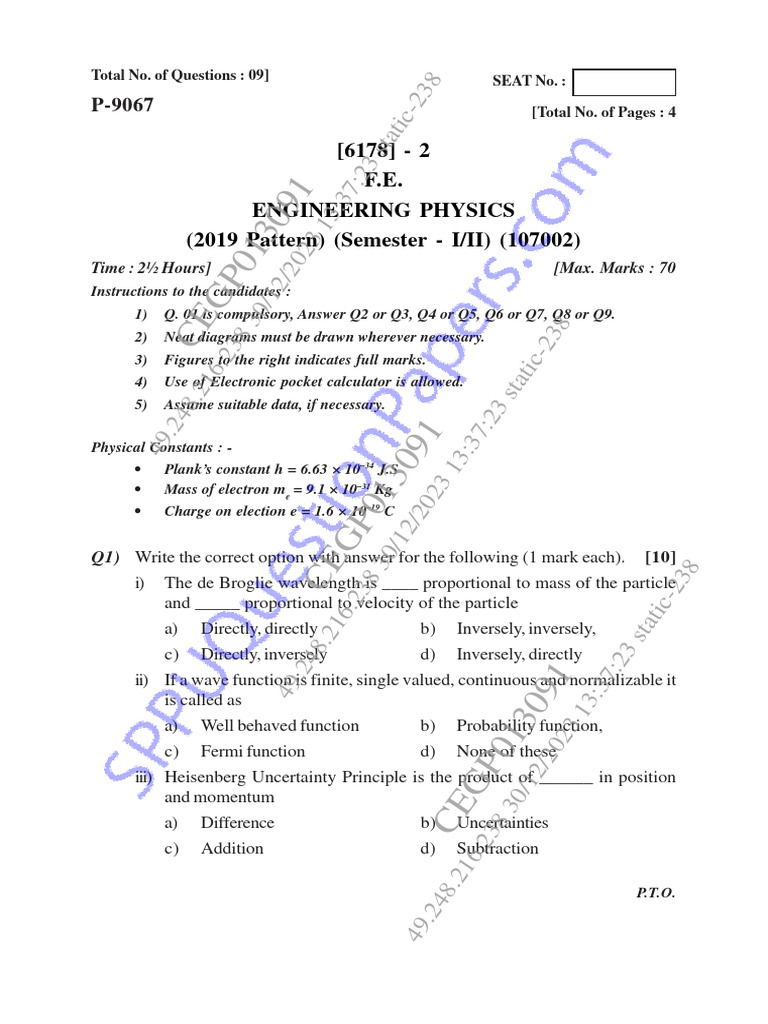F.E. Engineering Physics Exam Questions | PDF | Electrical Resistivity ...