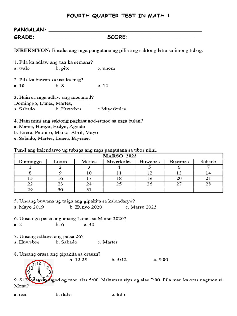 Fourth Quarter Test in Math 1 | PDF