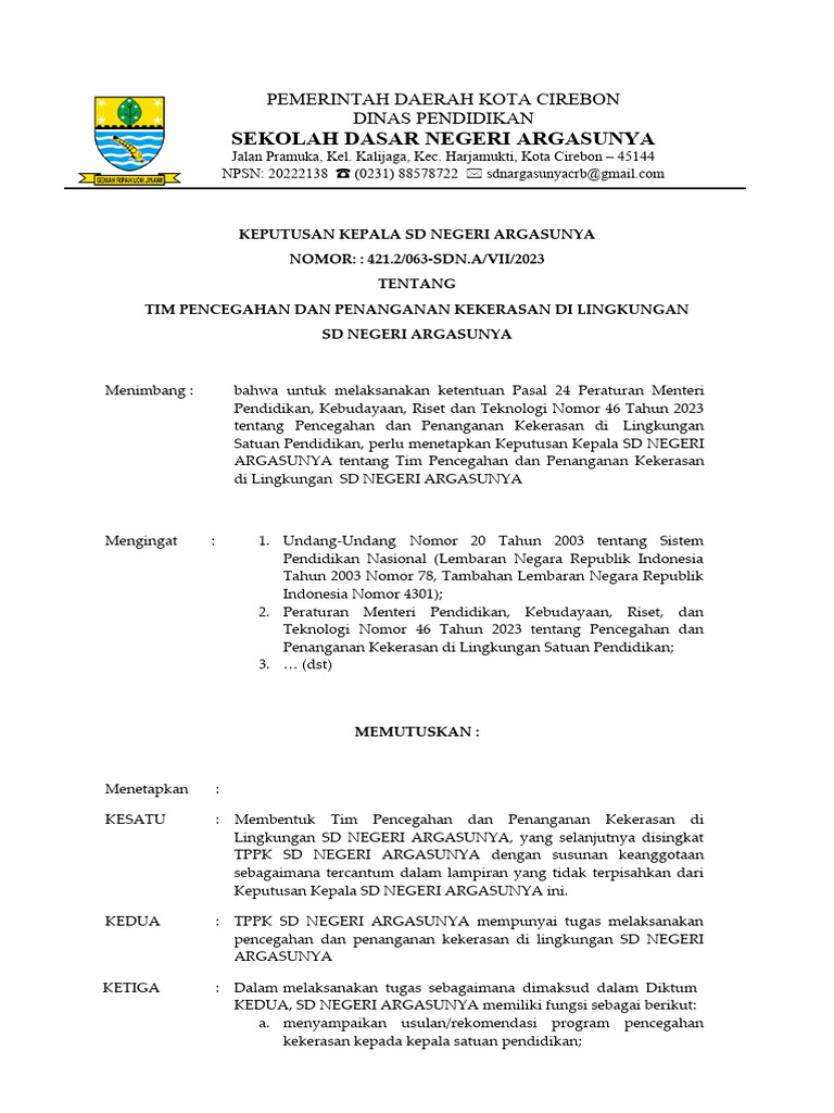 Lampiran 2 - Contoh SK Kepala Satuan Pendidikan Pembentukan TPPK | PDF