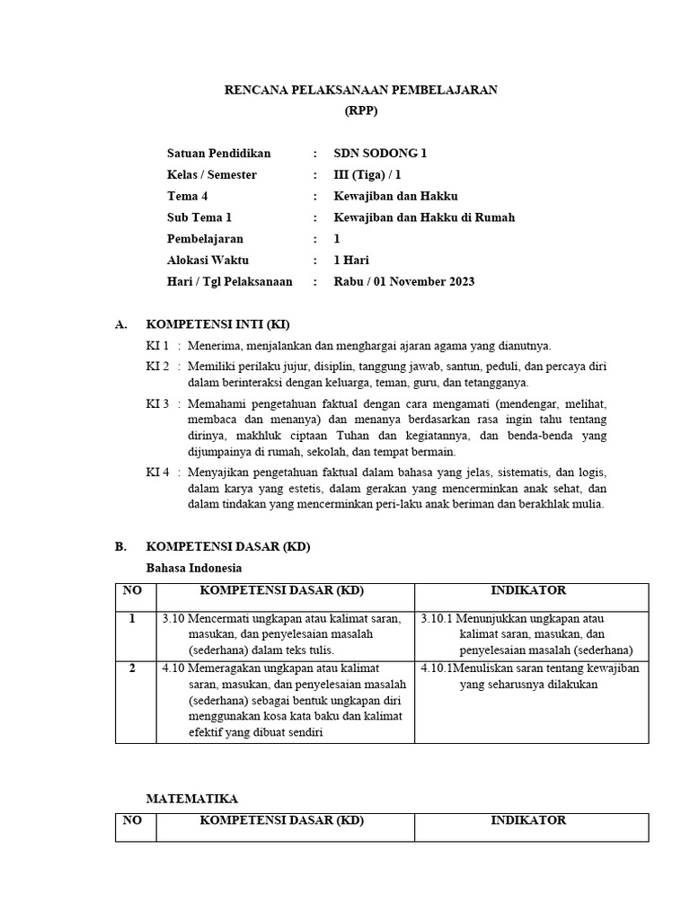 RPP Kelas 3: Kewajiban dan Hakku | PDF