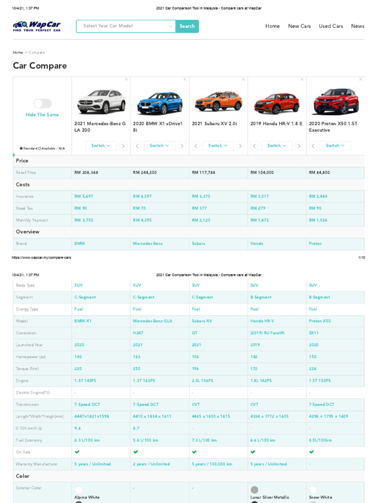 2021 Car Comparison Tool in Malaysia - Compare Cars at WapCar | PDF ...