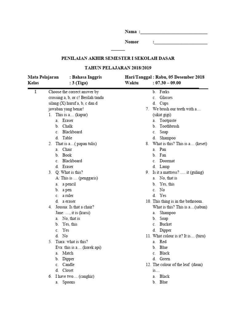 Uas Bahasa Inggris Kelas 3 Semester 1 2018-2019 | PDF | Visual ...