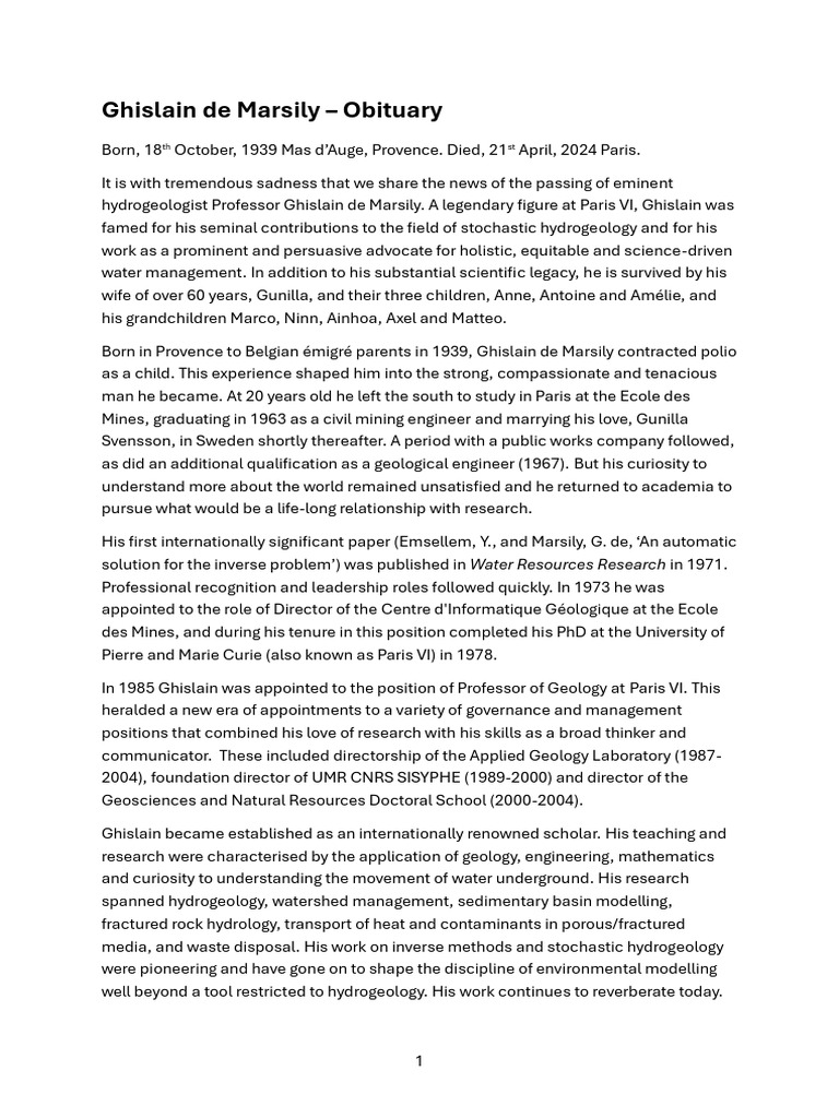 Obituary Ghislain de Marsily | PDF | Hydrogeology | Science