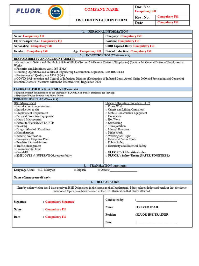 HSE Orientation Form | PDF | Safety | Occupational Safety And Health