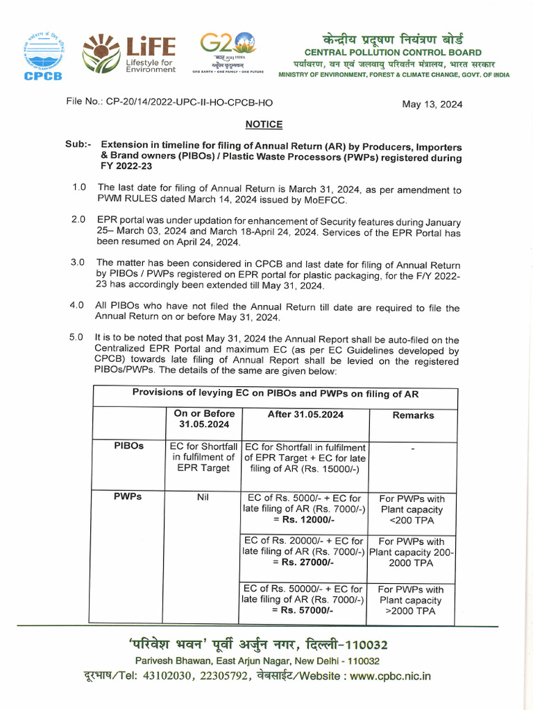 CPCB - Notice - PIBOs, PWPs - 13.05.2024 - Regarding Extension in ...