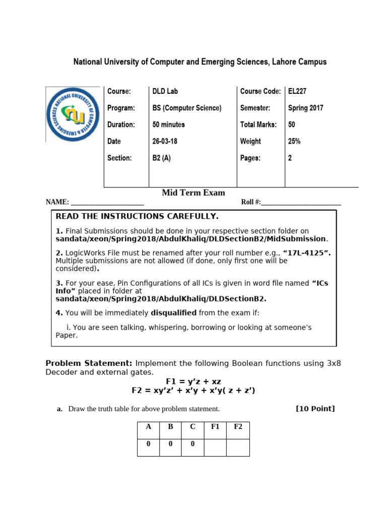 2017 - Midterm A - Spring - DLD Lab | PDF