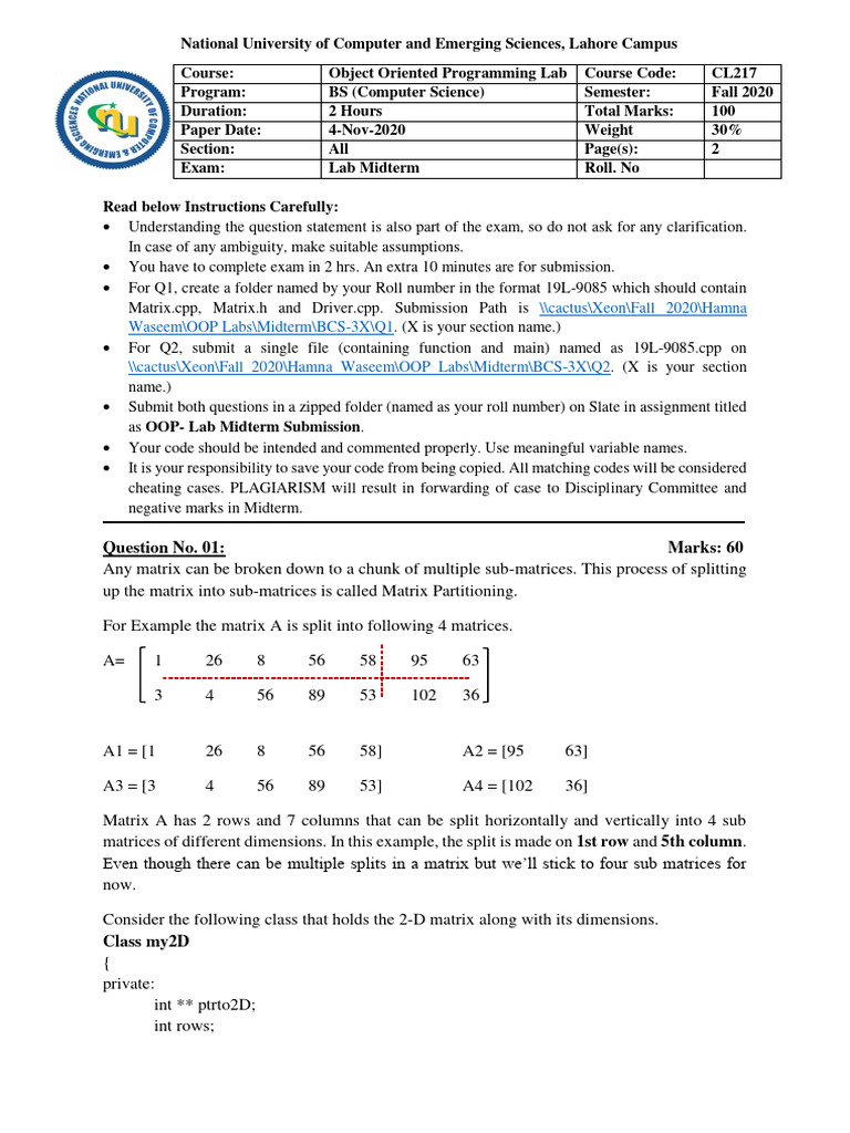 2020 Midterm Fall Oop Lab Pdf Matrix Mathematics Computer Programming