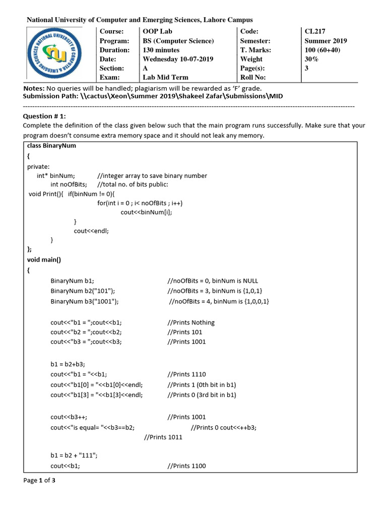 2019 - Midterm - Summer - OOP Lab | PDF | Computer Programming | Computing