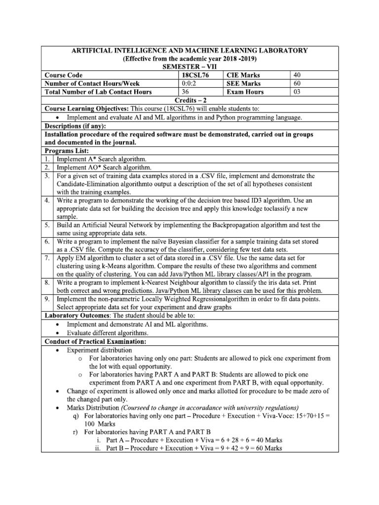 AI & ML Lab Syllabus | PDF