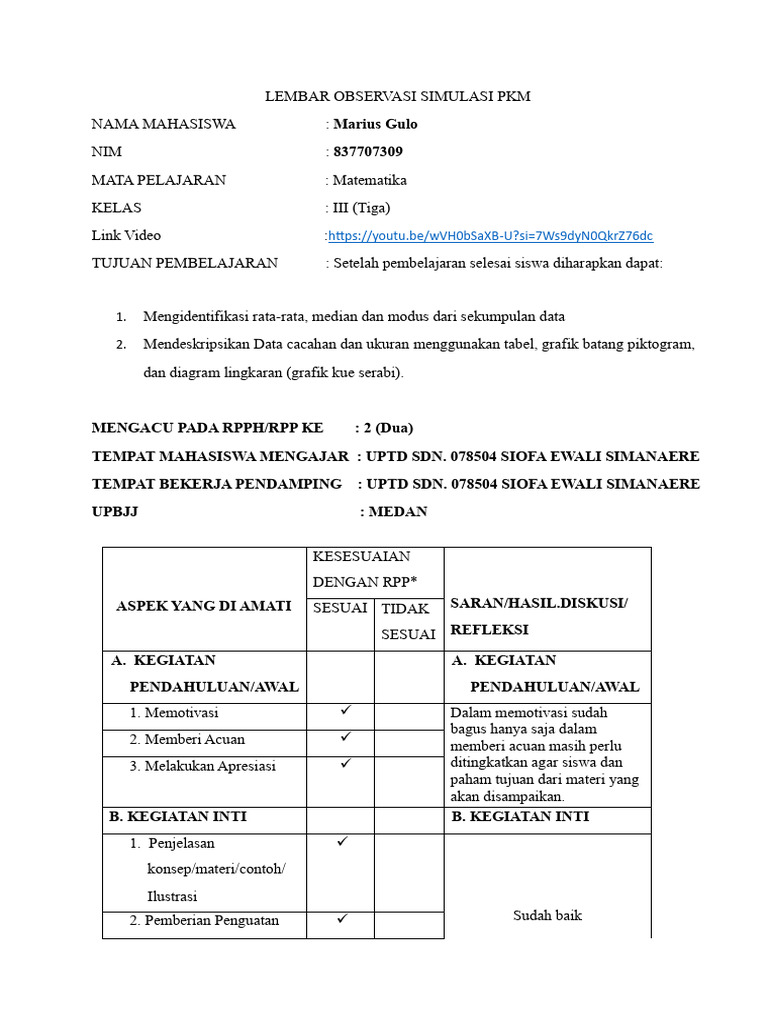 Lembar Observasi Simulasi PKM 2 | PDF
