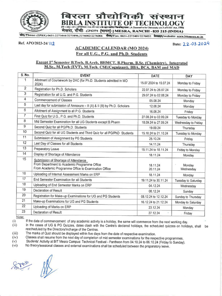 Academic Calendar (MO 2024) For All UG, PG and PHD Students Except 1st ...