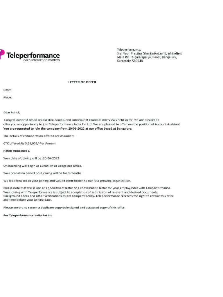 Offer Letter Teleperformance Ravi | PDF