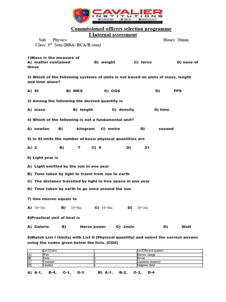 SSB 1st IA PHY QP Units and Dimensions | PDF | International System Of Units | Watt