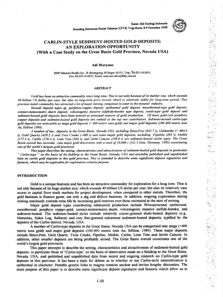 Carlin Style Sediment Hosted Gold Deposit | PDF