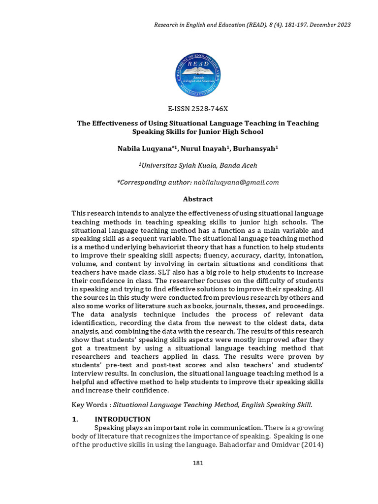 The Effectiveness of Using Situational Language Teaching in Teaching Speaking Skills for Junior ...
