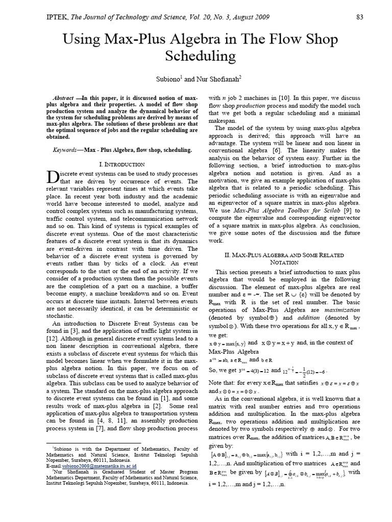 Using Max-Plus Algebra in Yhe Flow Shop Scheduling | Download Free PDF | Eigenvalues And ...