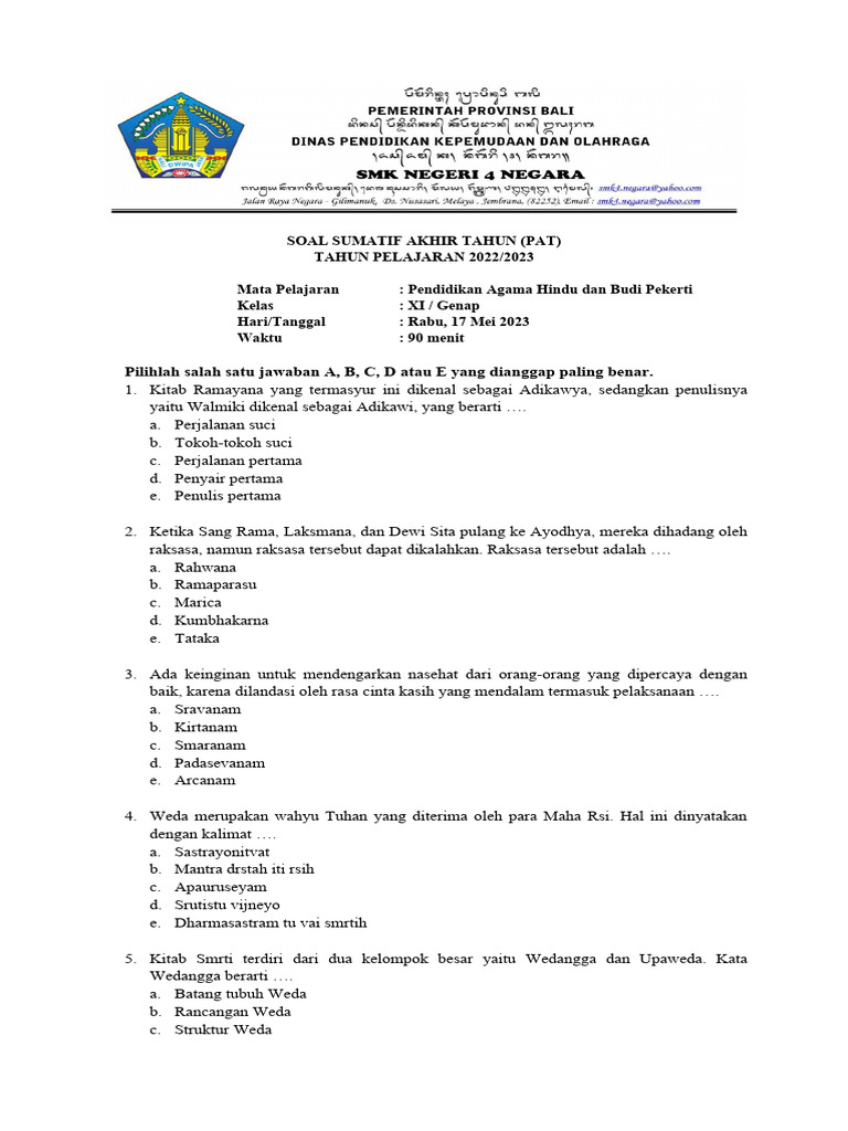 Soal Agama Hindu Kelas XI | PDF