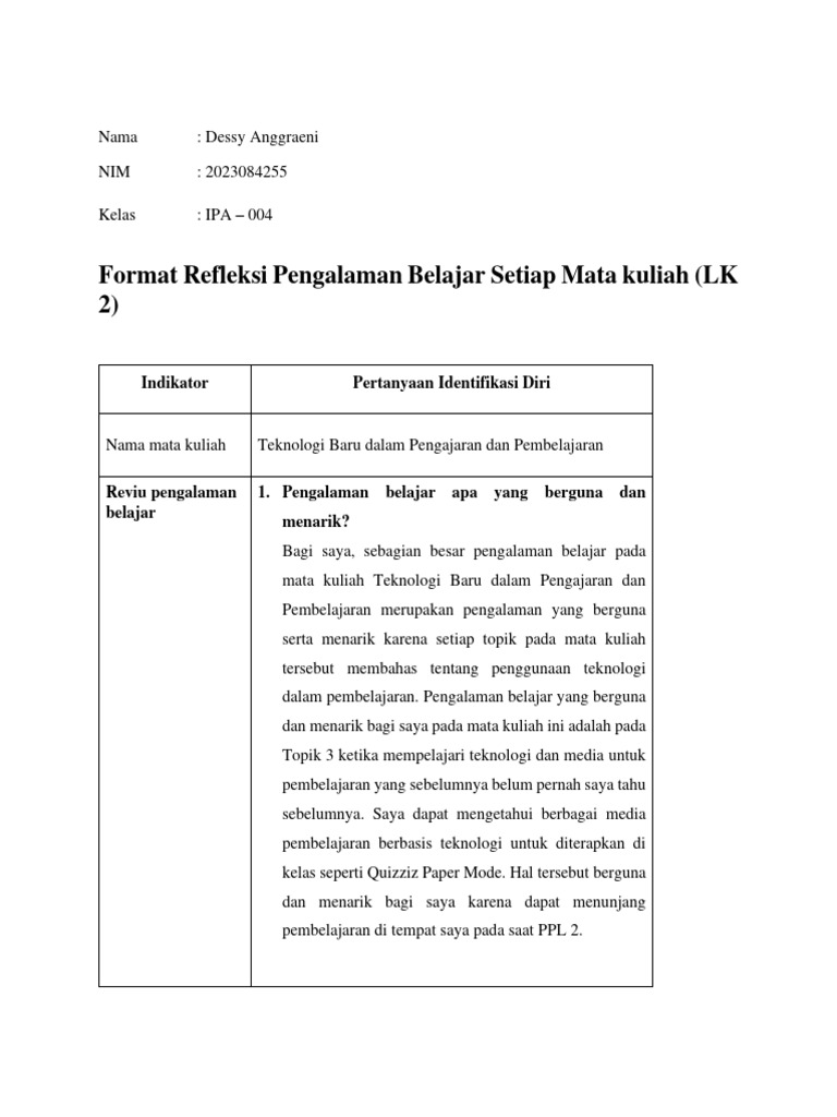 Jurnal Refleksi - Dessy Anggraeni - TBPP | PDF | Karier & Perkembangan