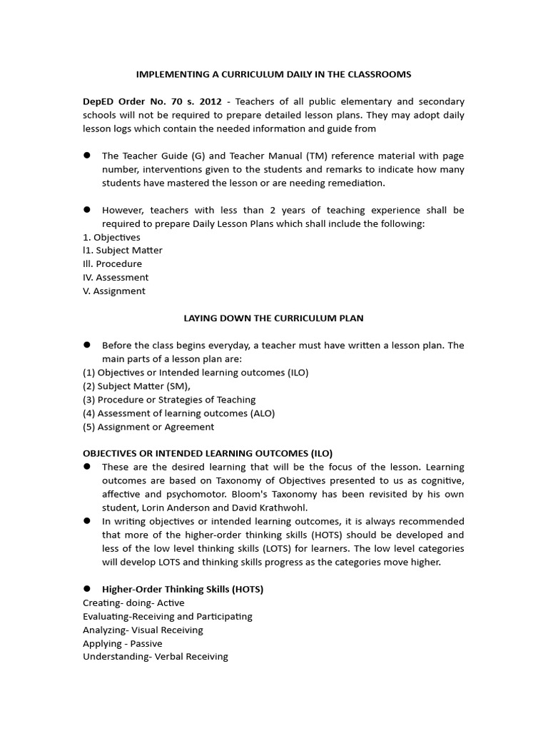 Implementing A Curriculum Daily in The Classrooms Lecture | PDF | Learning | Lesson Plan