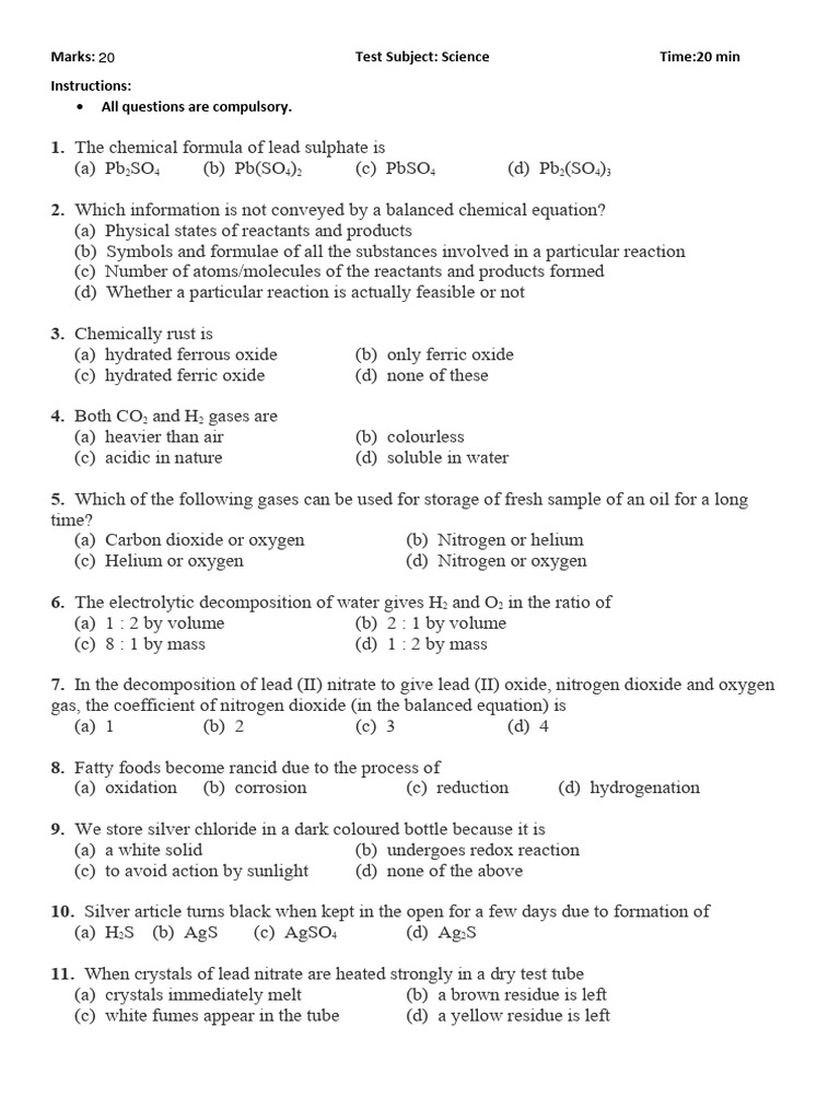 Multiple Choice Questions For Chemical Reactions and Equations | PDF ...