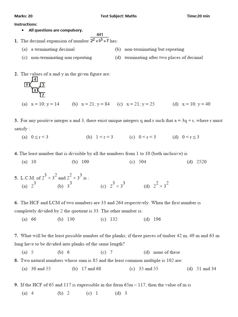 Multiple Choice Questions For Real Numbers and Probability | PDF ...
