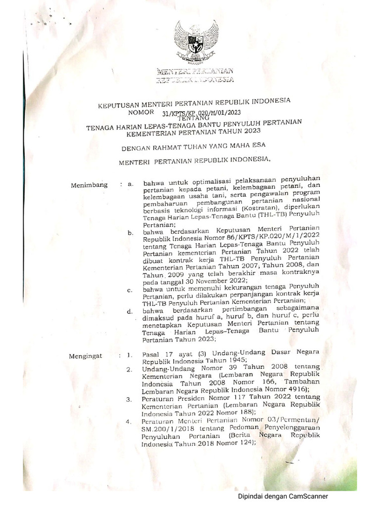 SK Mentan Tentang THL-TBPP 2023 | PDF
