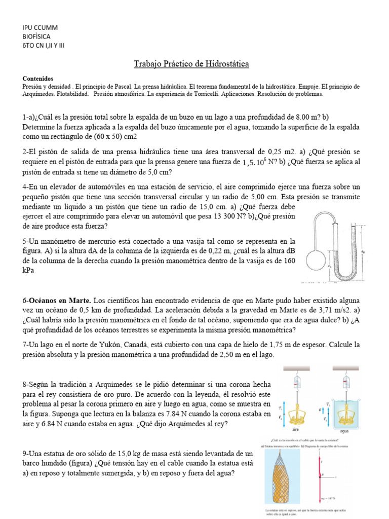 Trabajo Práctico de Hidrostática 2023 | PDF | Presión | Densidad