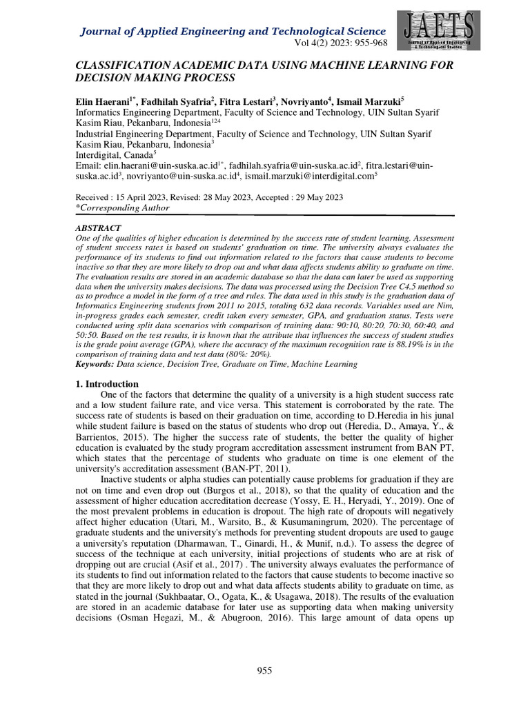 CLASSIFICATION ACADEMIC DATA USING MACHINE LEARNING FOR DECISION MAKING ...