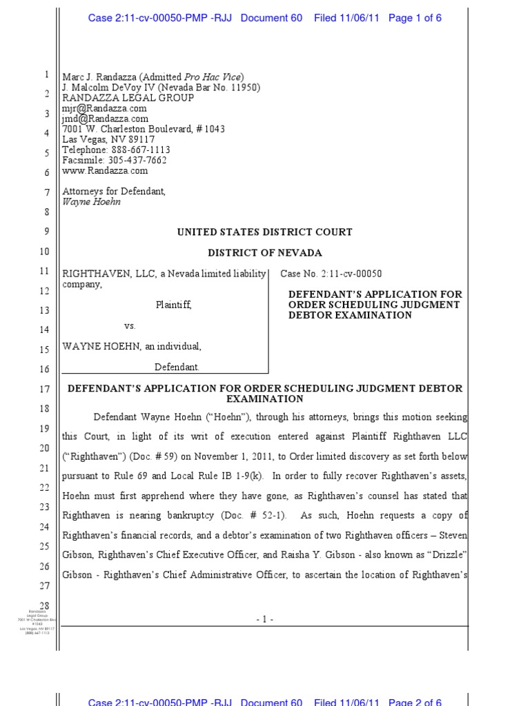 Defendant's Application For Order Scheduling Judgment Debtor Examination | PDF | Judgment (Law ...