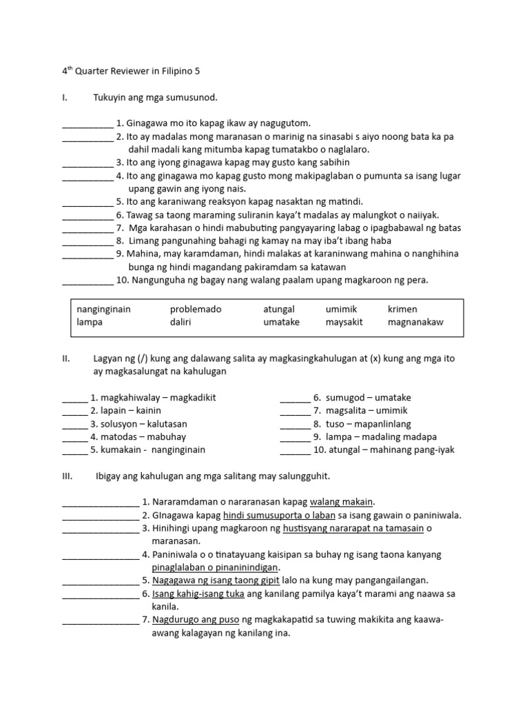 4th Quarter Reviewer in Filipino 5 | PDF