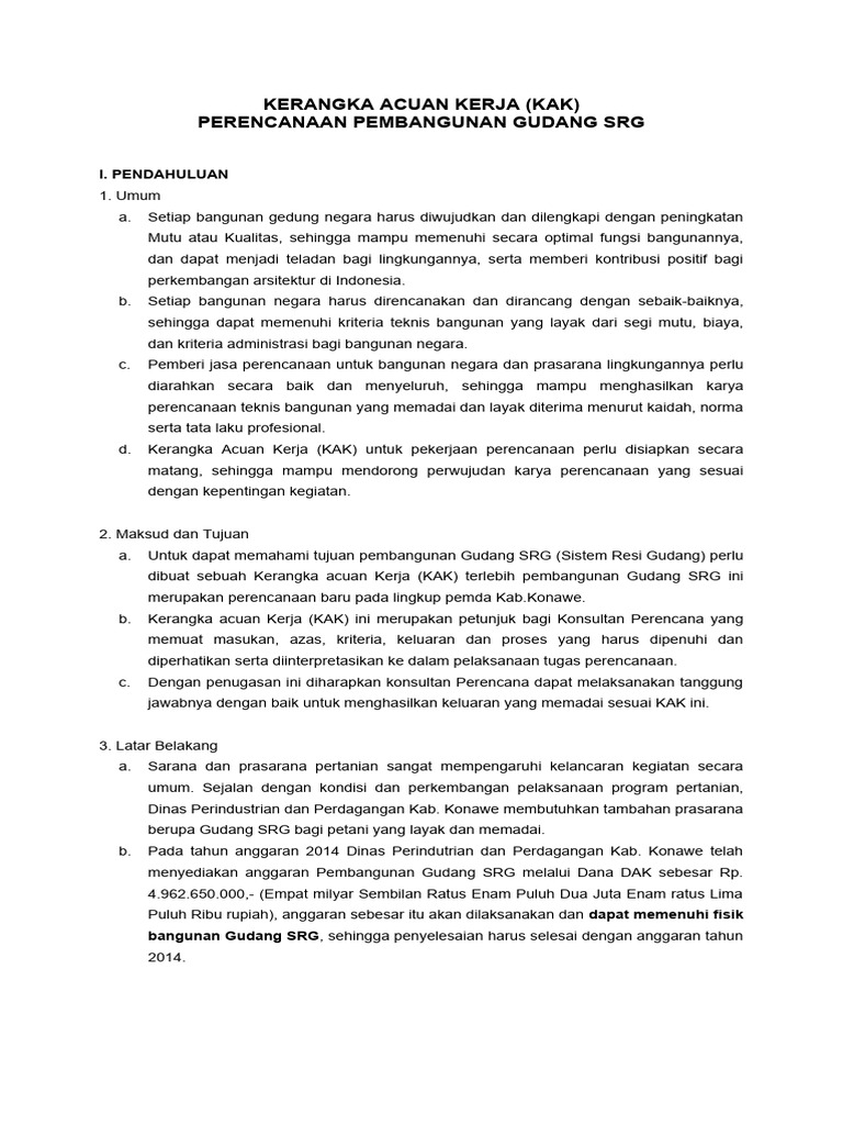 Kerangka Acuan Kerja (Kak) Perencanaan Pembangunan Gudang SRG | PDF