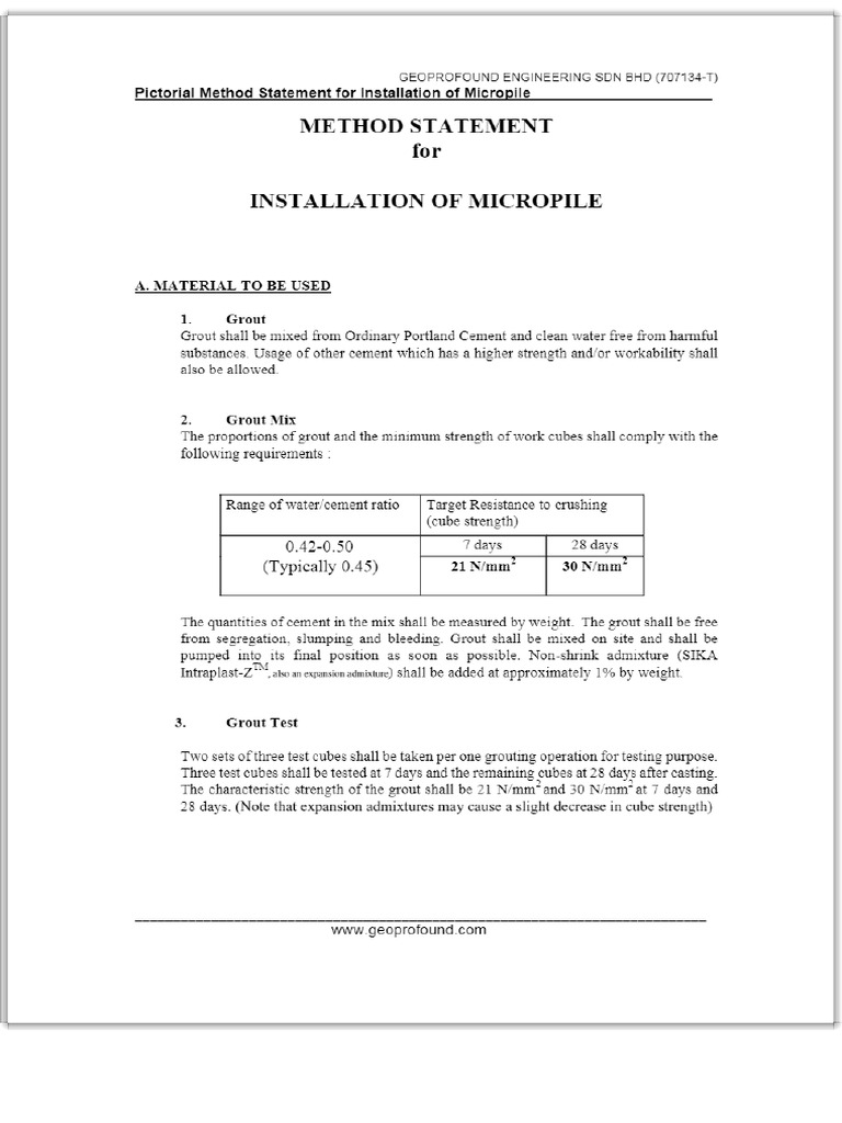 METHOD STATEMENT For INSTALLATION OF MICROPILE - PDF | PDF