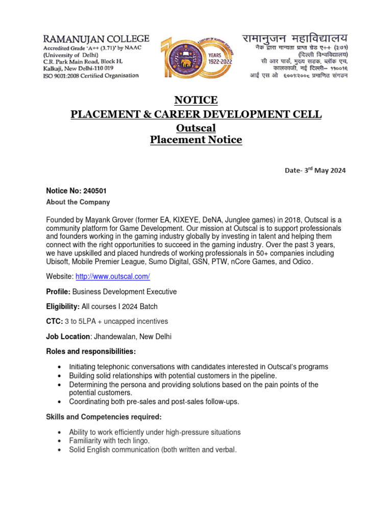 Outscal Business Development Job Notice | PDF