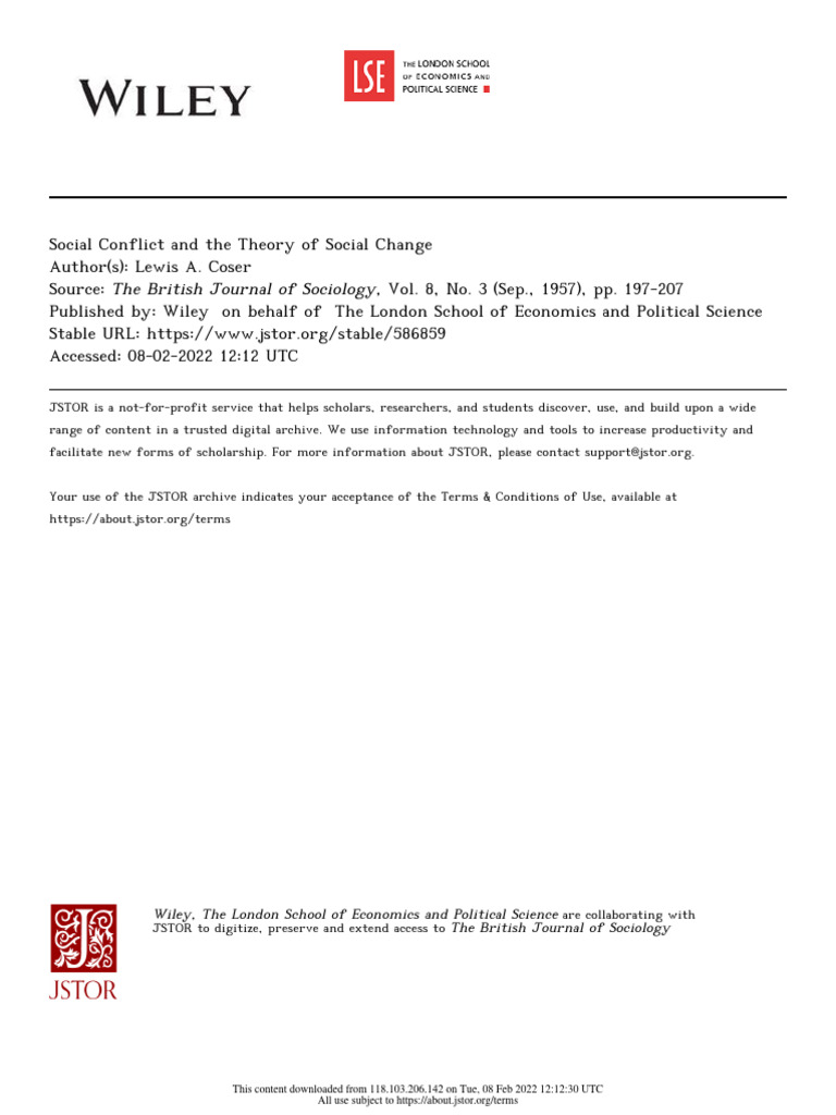 Lewis A. Coser - Social Conflict & Theory of Social Change | PDF ...