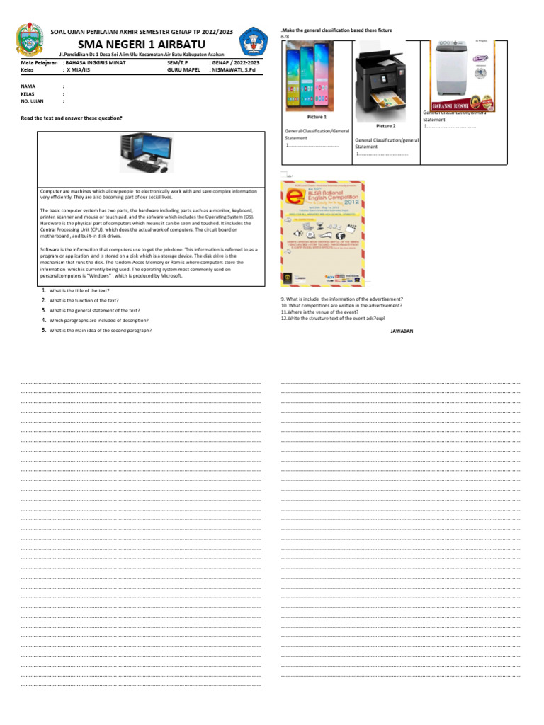 Soal Bahasa Inggris Nisma | PDF | Computer Hardware | Computer Architecture