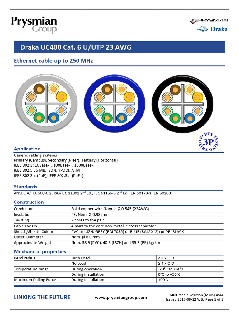 Draka - UC400 23 Cat6 - UUTP | PDF | Electricity | Electronics