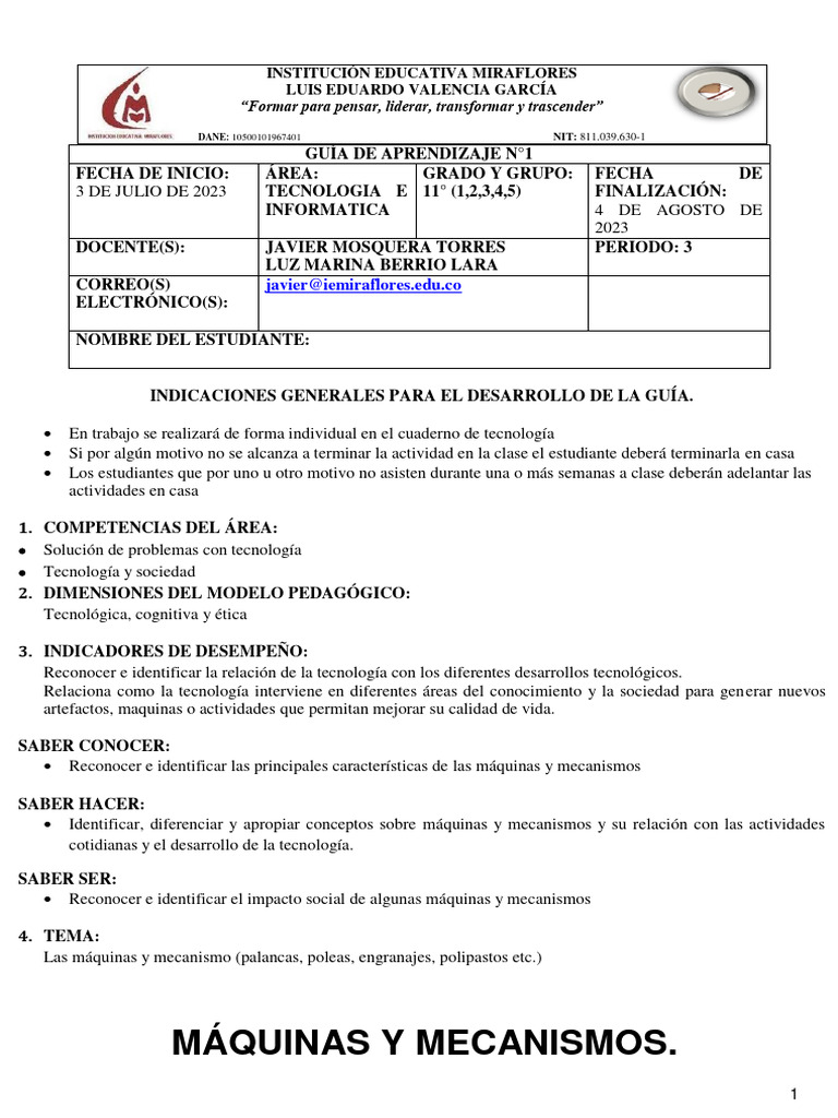 Tecnologia e Informatica (Guia # 1 Tercer Periodo) | PDF | Engranaje | Palanca