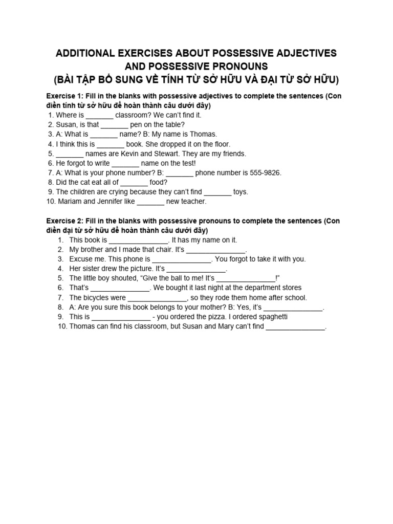 Additional Exercises About Possessive Adjectives and Possessive Pronouns | PDF