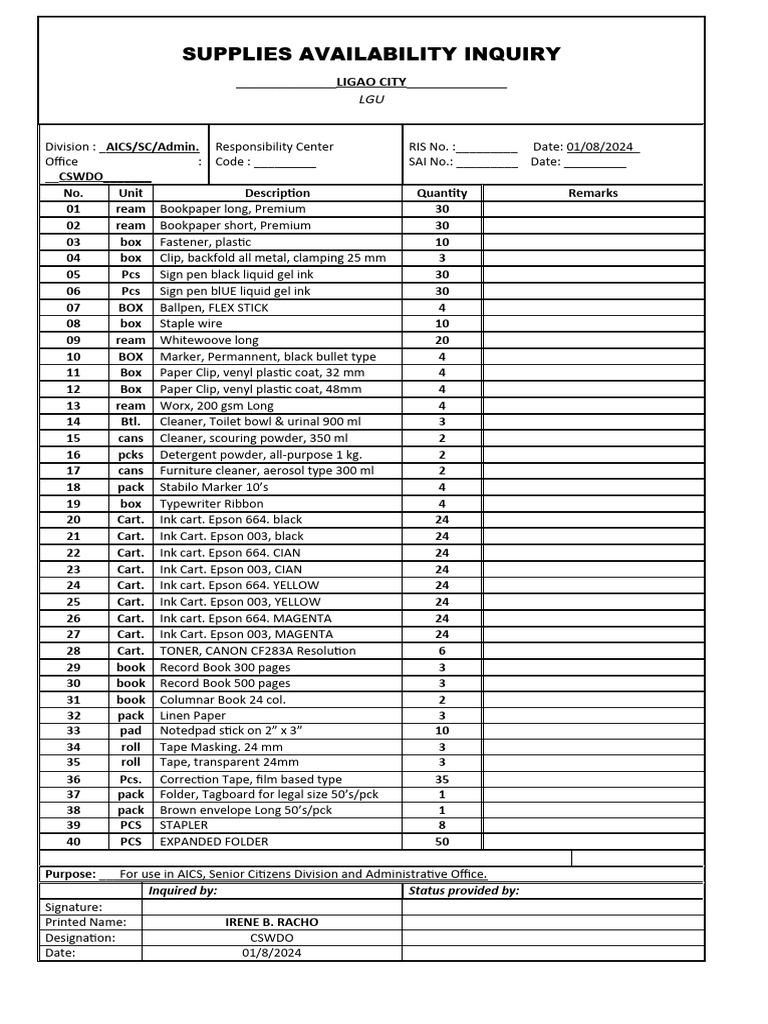 Supplies Availability Inquiry Report | PDF | Stationery | Office Equipment