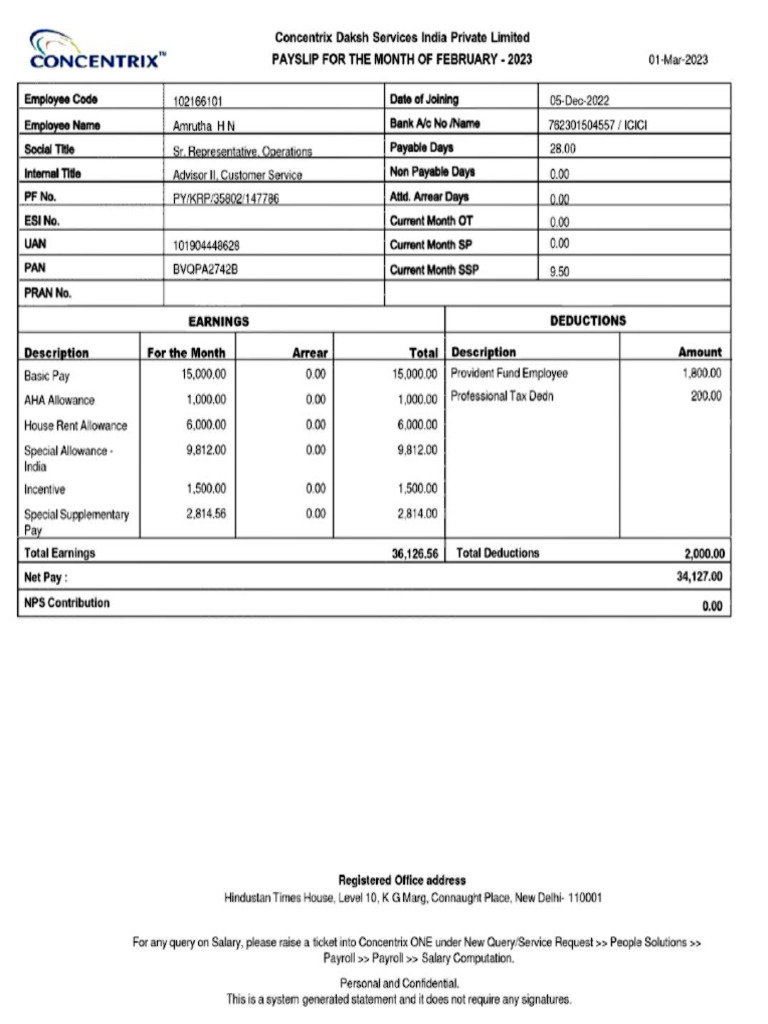 PServices India Private Limited Payslip For The Month of 1 | PDF