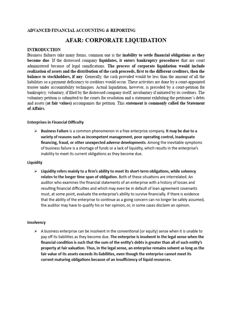 Corporate Liquidation Handout | PDF | Bankruptcy | Liquidation