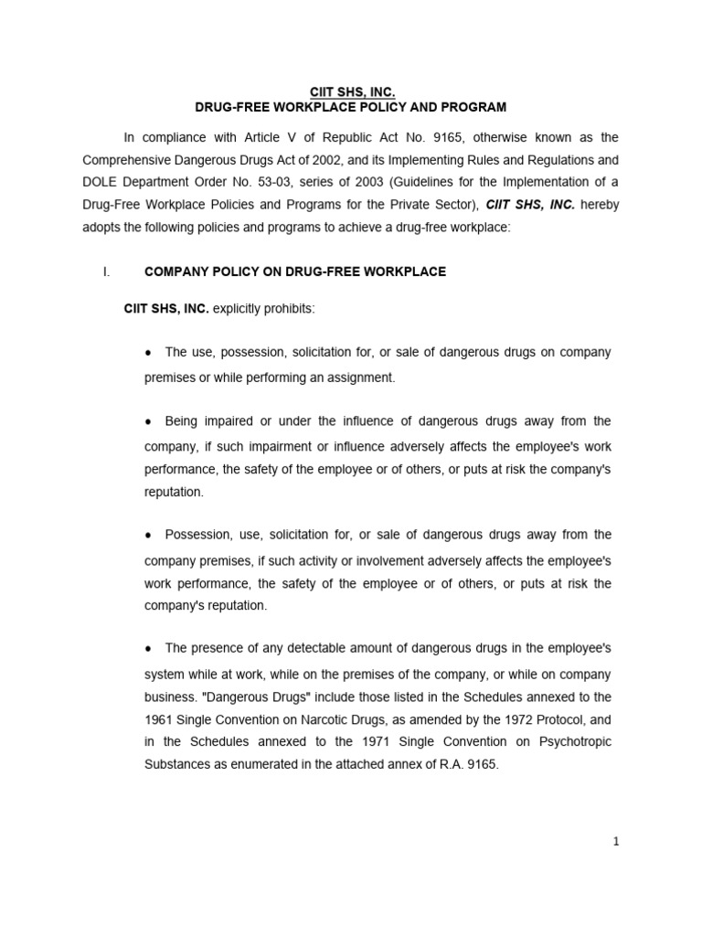DRUG FREE Workplace Policy Program | PDF | Employment | Drug Test